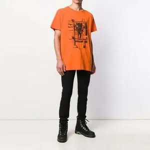 Off-White Cotton Arrow Pattern Printing Round Neck Short Sleeve Orange