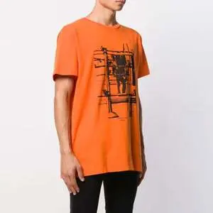 Off-White Cotton Arrow Pattern Printing Round Neck Short Sleeve Orange