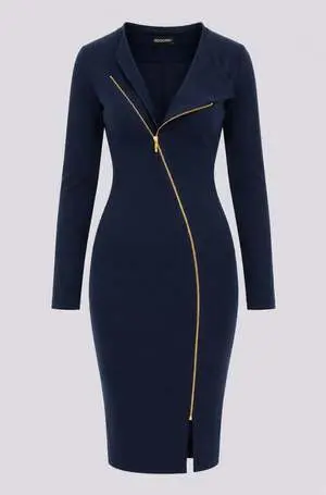 ROSERRY Chelsea Long Sleeve Midi Dress With Metallic Zipper - Navy
