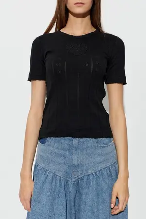 GANNI Ribbed Knit Top With Heart Appliqu