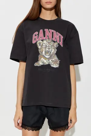 GANNI Cotton T-shirt With Glitter Animal Print And Logo - Black