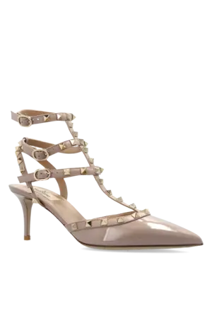 Valentino Garavani Studded Patent Calfskin Kitten Heel Pumps - Beige