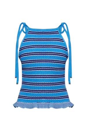 GANNI Striped Open-back Knit Top With Ruffle Hem