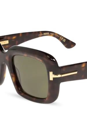 TOM FORD Rectangular Tortoiseshell Sunglasses With Gold Tone T Detail - Brown