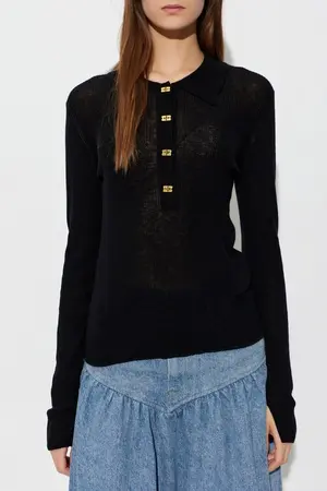 GANNI Slim Fit Wool Knit Polo With Gold Button Detail