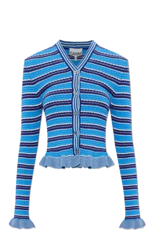 GANNI Striped Ruffle Cardigan
