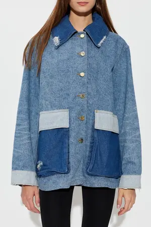 GANNI Distressed Denim Patchwork Jacket With Classic Collar - Blue