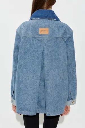GANNI Distressed Denim Patchwork Jacket With Classic Collar - Blue