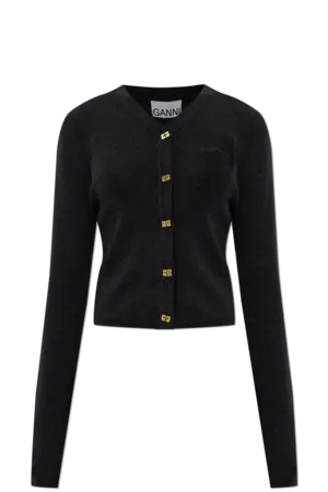 GANNI Wool Cardigan With Embroidered Logo And Gold Buttons - Black