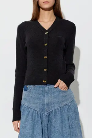 GANNI Wool Cardigan With Embroidered Logo And Gold Buttons - Black