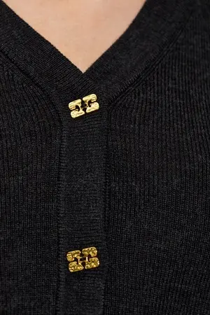 GANNI Wool Cardigan With Embroidered Logo And Gold Buttons - Black