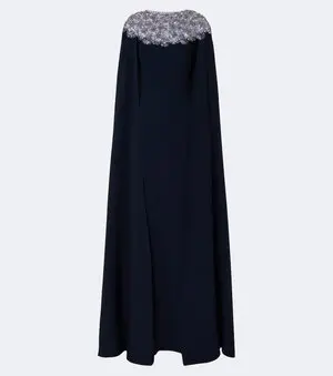 Oscar De La Renta Embellished Cape Silk-blend Gown - Blue