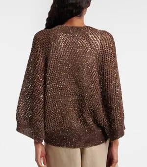 Brunello Cucinelli Open-knit Sequined Cardigan - Brown