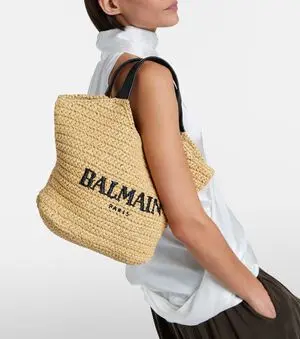 Balmain Logo Raffia-effect Top-handle Bag