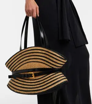 Balmain Raffia-effect Striped Shoulder Bag With Leather Trim - Black