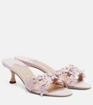 Manolo Blahnik Anista Floral Appliqué Leather Mules - Pink