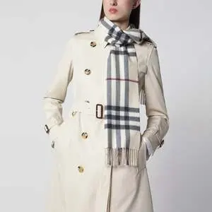 Burberry Check Cashmere Scarf In Stone - Grey
