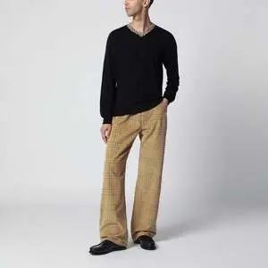 Burberry Wool V-neck Sweater With Check Motif - Black
