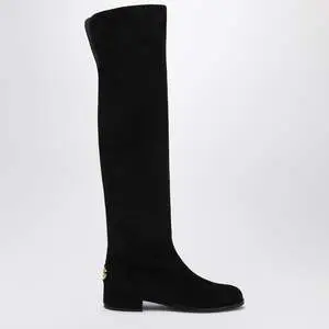 Dolce & Gabbana Suede Knee-high Boots With Gold Dg Logo - Black