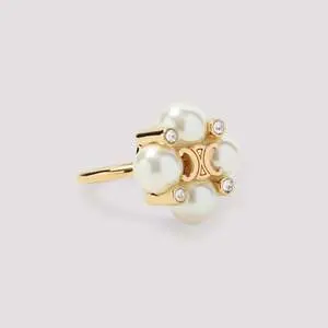 Celine Gold Brass Ring With Pearl And Crystal Details