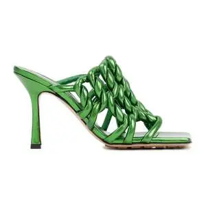 Bottega Veneta Metallic Woven Stretch Mule Sandals - Green