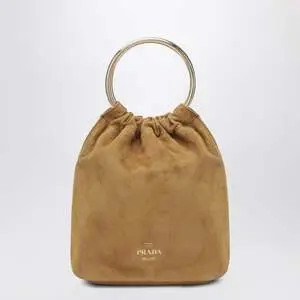 Prada Suede Mini Bucket Bag With Hoop Handles - Brown