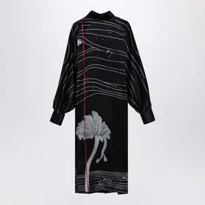 FERRAGAMO Silk Satin Midi Dress With Spirit Print - Black