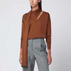 ROBERTO COLLINA Wool Sweater With Integrated Scarf - Brown
