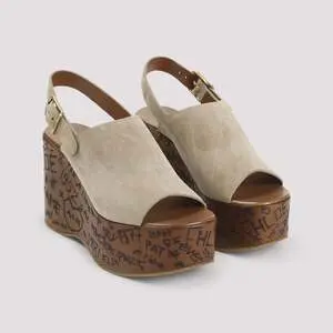 Chloé Beige Suede Calf Leather Maxime Wedge Sandals With Graphic Detailing - Multicolor