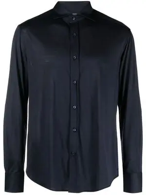Brunello Cucinelli Silk And Cotton Jersey Shirt With Spread Collar - Blue