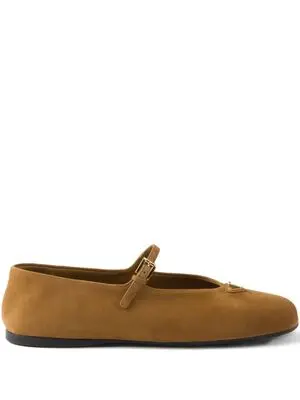 Prada Round Toe Suede Ballerinas With Buckled Strap - Brown