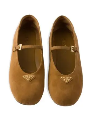 Prada Round Toe Suede Ballerinas With Buckled Strap