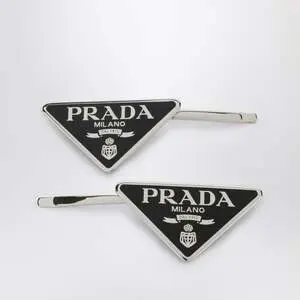 Prada Set Of Two Hair Clips With Logo Plaque - Black
