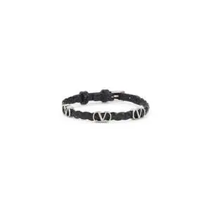 Valentino Garavani Braided Leather Bracelet With Silver-tone V-logo Detail - Black