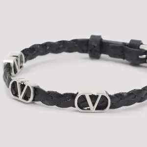 Valentino Garavani Braided Leather Bracelet With Silver-tone V-logo Detail