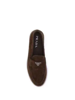 Prada Suede Loafers With Triangular Plaque - Brown