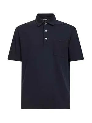 Zegna Navy Blue Cotton Pique Polo Shirt With Chest Pocket - Multicolor