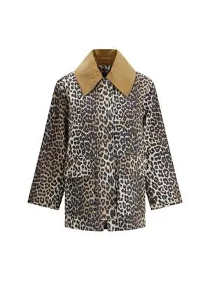 GANNI Leopard Print Jacket With Corduroy Collar - Brown