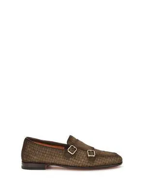 Santoni Woven Leather Double Buckle Loafers