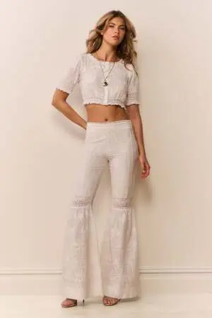 LoveShackFancy Tevla Cotton Victorian Bell Bottom Pants - White