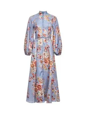 Zimmermann Light Blue Floral Chambray Linen Midi Dress - Multicolor