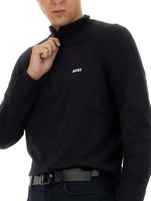 BOSS Sweatshirt With Logo And Stand Collar - Blue