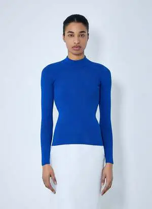 JIL SANDER Ribbed Mock Neck Long Sleeve Top - Blue