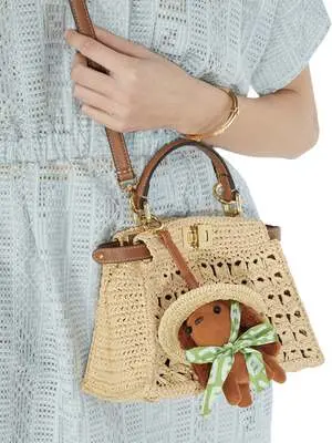 Fendi Peekaboo Mini Raffia Bag With Openwork Woven Pattern - Cream