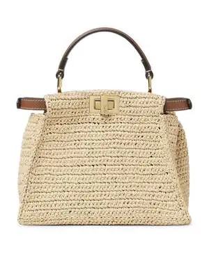 Fendi Peekaboo Mini Raffia Bag With Openwork Woven Pattern - Cream