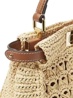 Fendi Peekaboo Mini Raffia Bag With Openwork Woven Pattern - Cream