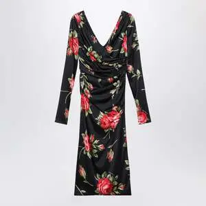 Dolce & Gabbana Black Bouquet Rose Print Draped Satin Dress - Multicolor