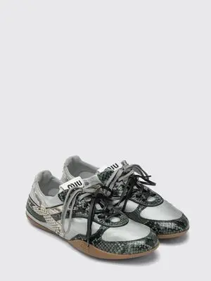 Miu Miu Snakeskin Trimmed Lace-up Sneakers - Gray