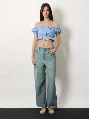 Miu Miu Striped Cotton Top With Logo Detailing - Multicolor