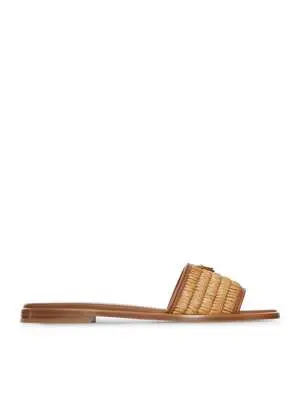 Prada Raffia Slippers With Metal Logo - Multicolor